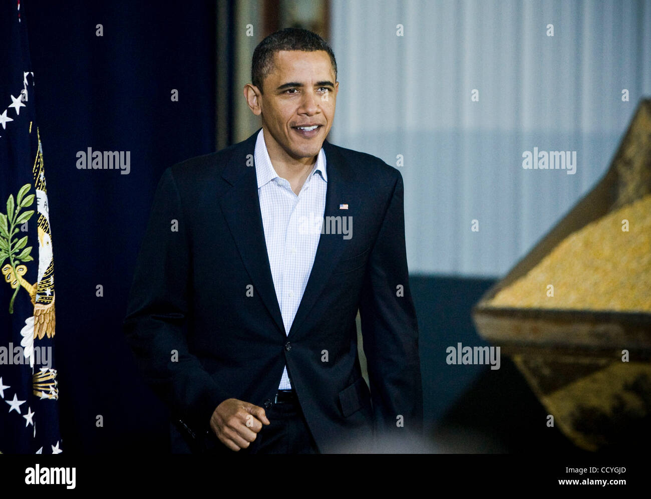 President BARACK OBAMA speaks to a small crowd of invited guests and ...