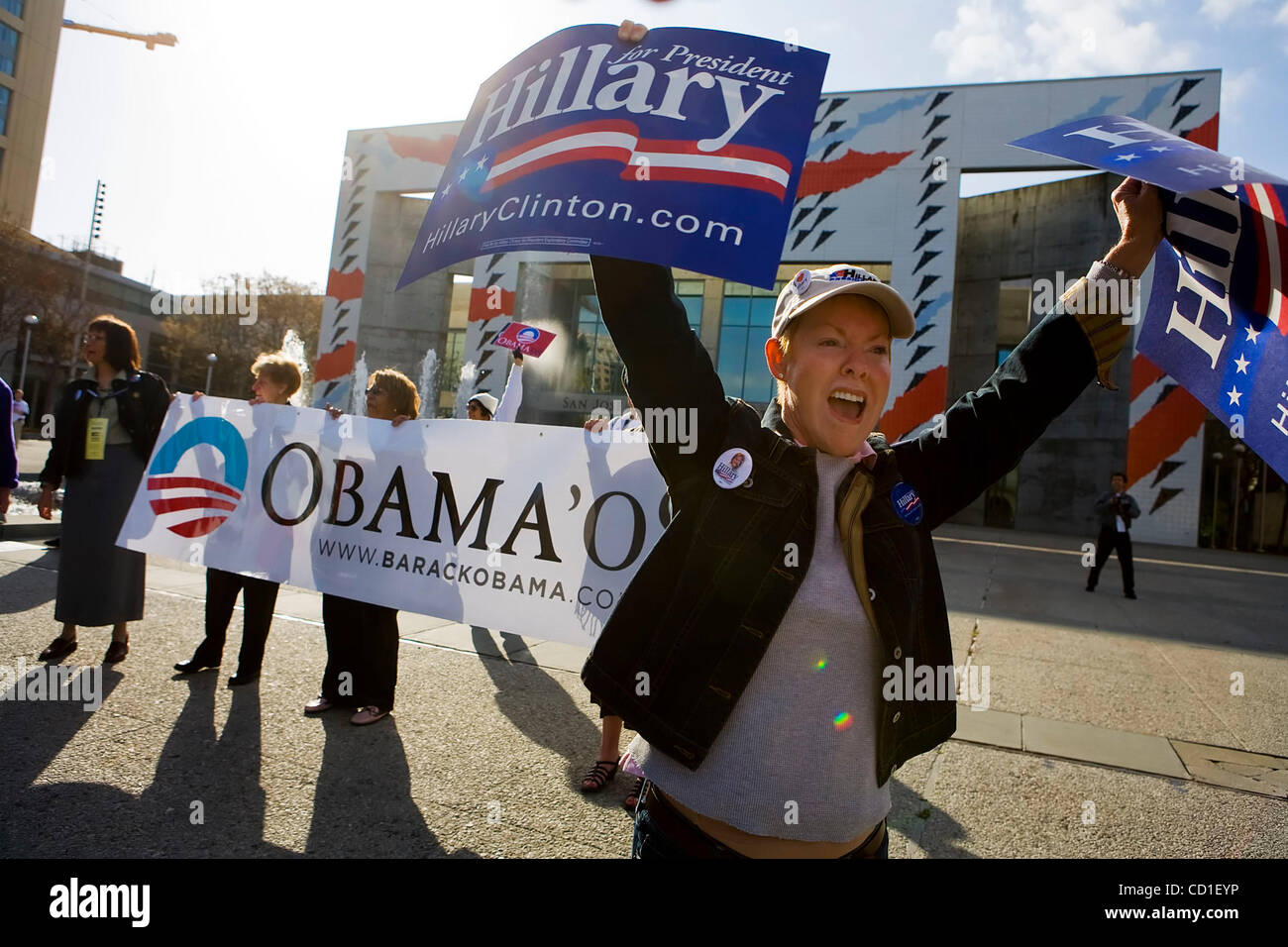 Joy Blackburn of Menlo Park, cheers for her candidate as she and other ...