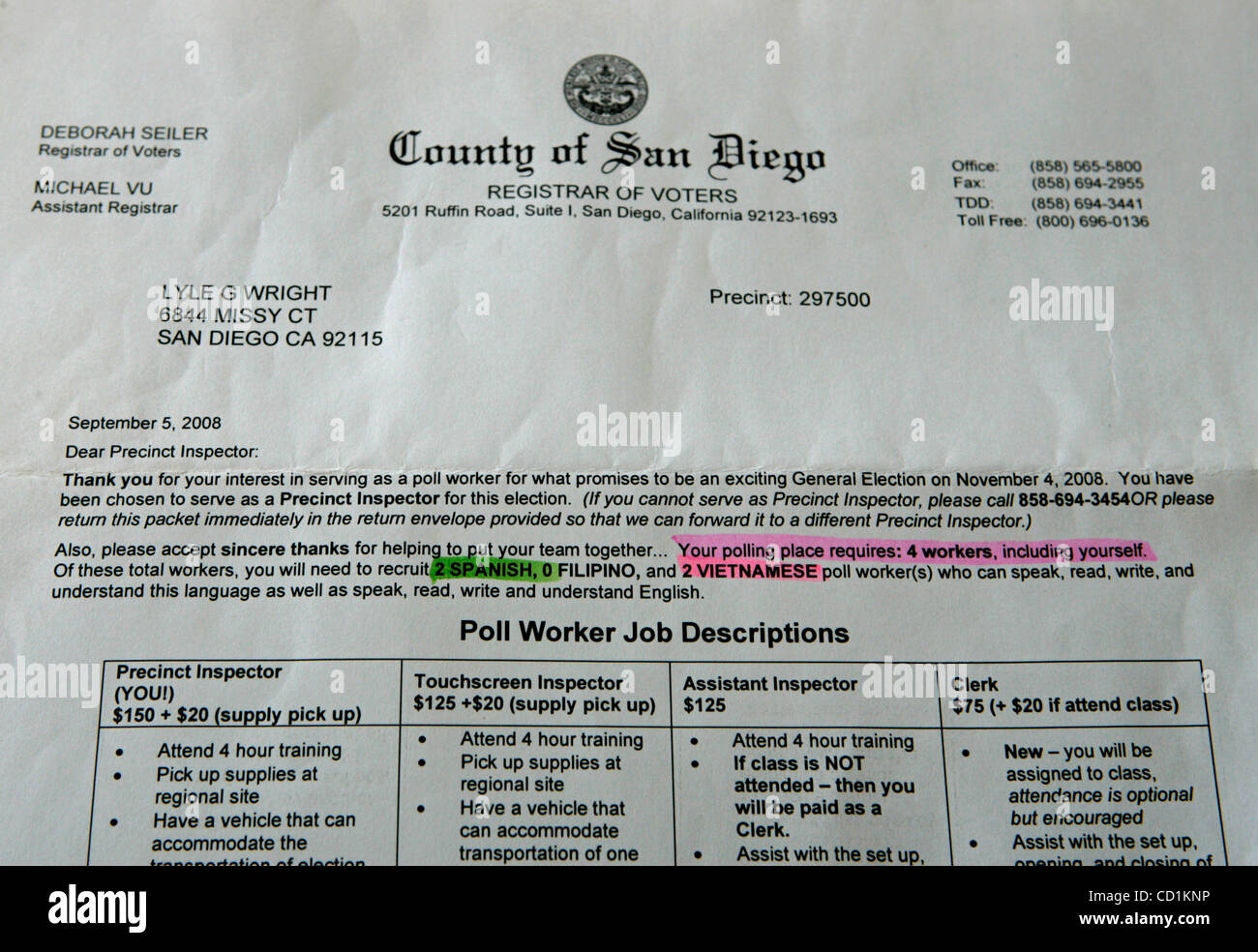 October 10, 2008 San Diego, CA LYLE WRIGHT received a letter from the ...