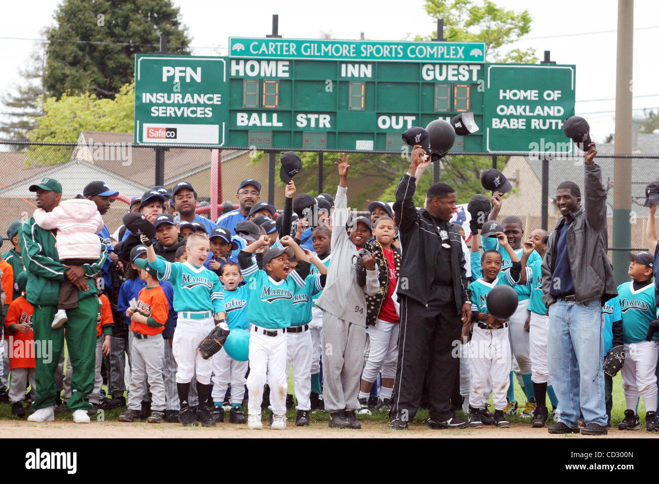 The Marlins cheer up as they are introduced during the Oakland's Babe ...