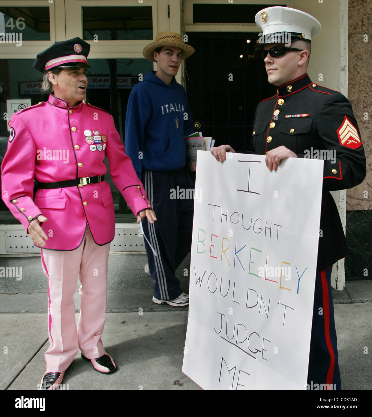 Tighe Barry, left, a 'Pink Marine' with Code Pink, confronts a real ...