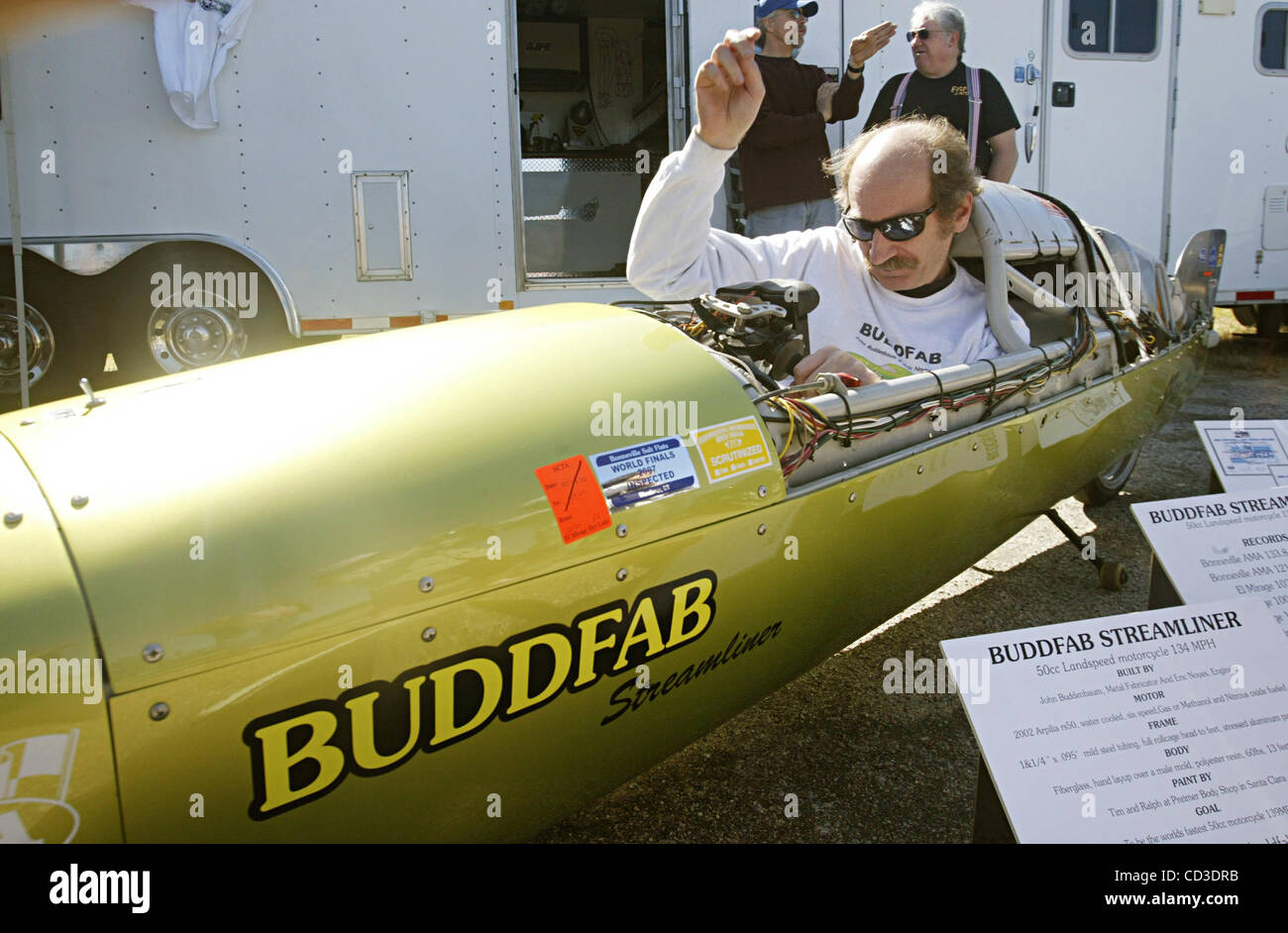 Engineer Eric Noyes extracts himself from the Buddfab Streamliner ...