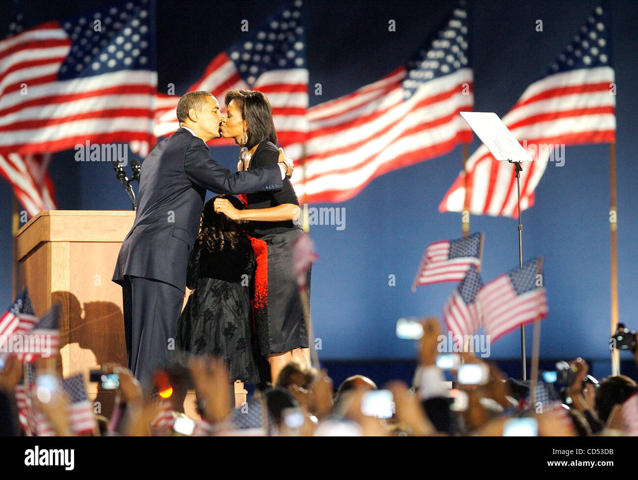 Barack Obama on stage at Grant Park after becoming the countrys first ...