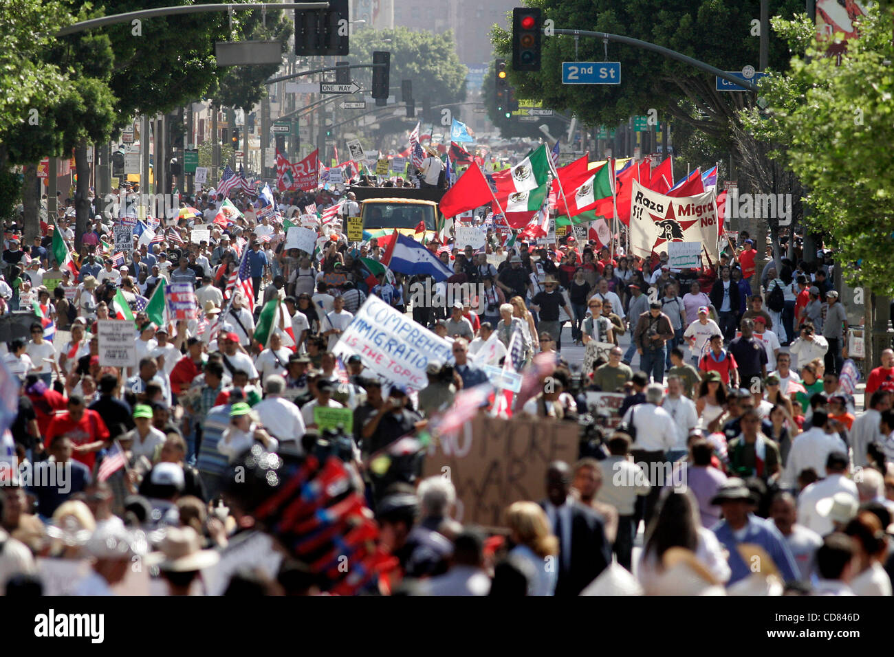 May 01, 2008 - Los Angeles, CA, USA Marchers congverge on 1st street ...