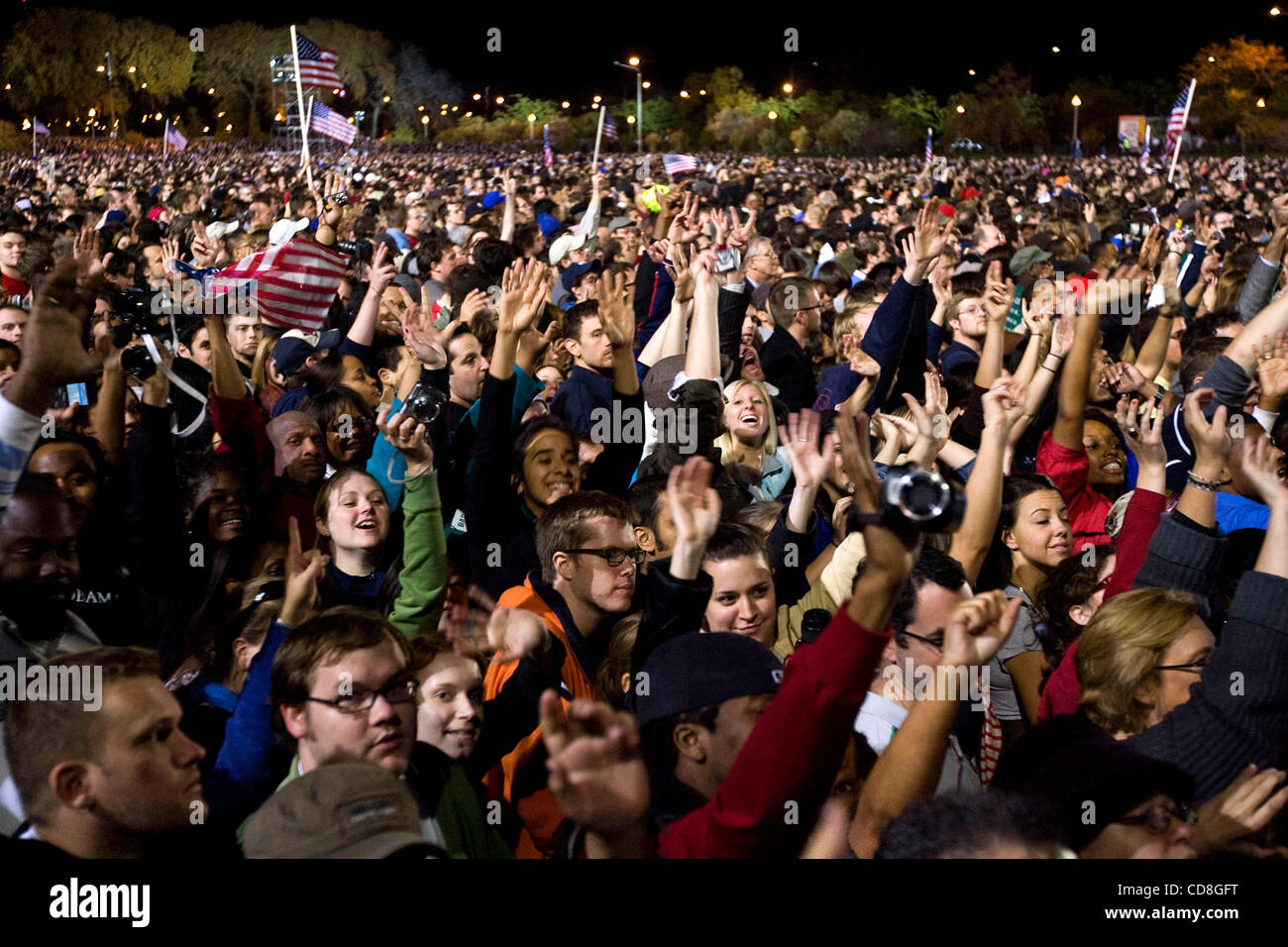 Crowds at OBAMA ELECTION NIGHT BARACK OBAMA, MICHELLE OBAMA, KIDS, JOE ...
