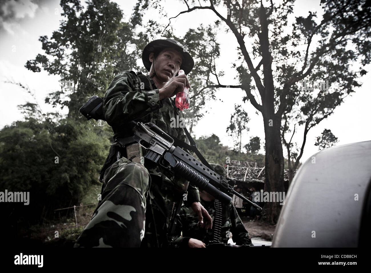 Militiaman of the breakaway rebel faction 5th Brigade of DKBA army at a ...