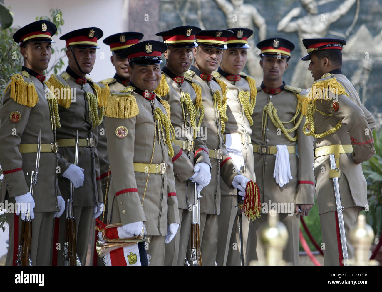 Egyptian members of the Honour guards look on as they prepare for the ...