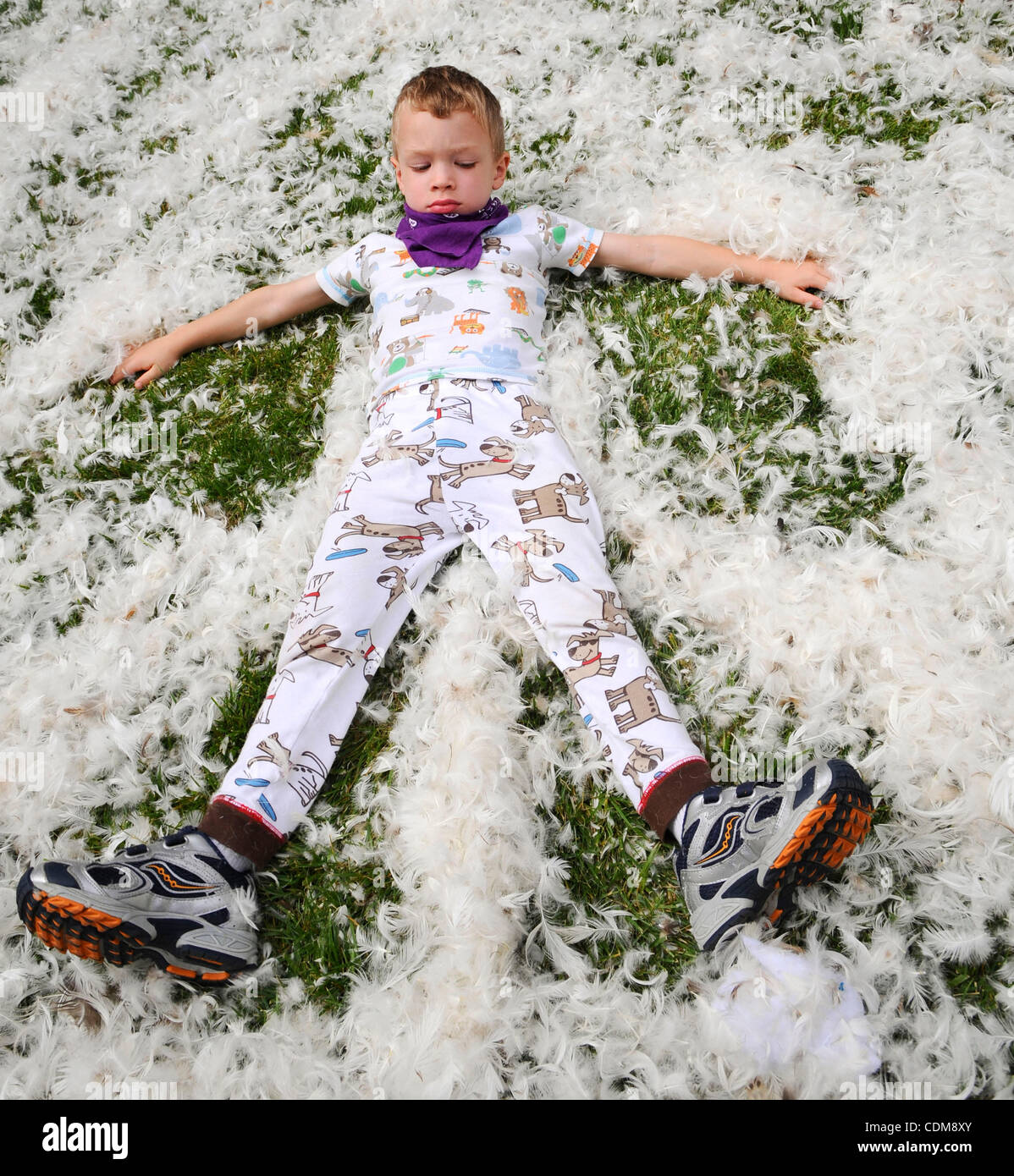 John Paszkiewicz, 5, makes a feather angel in the grass at Pershing ...