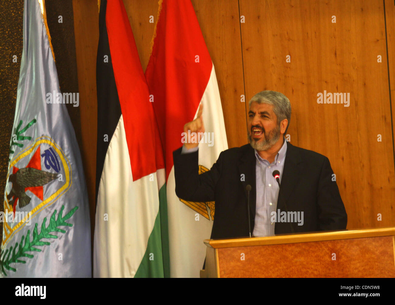 Senior Hamas leader Khaled Mashaal delivers speech during the signing ...