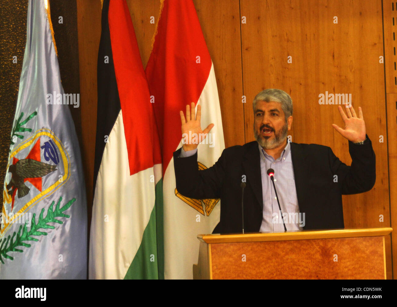 Senior Hamas leader Khaled Mashaal delivers speech during the signing ...