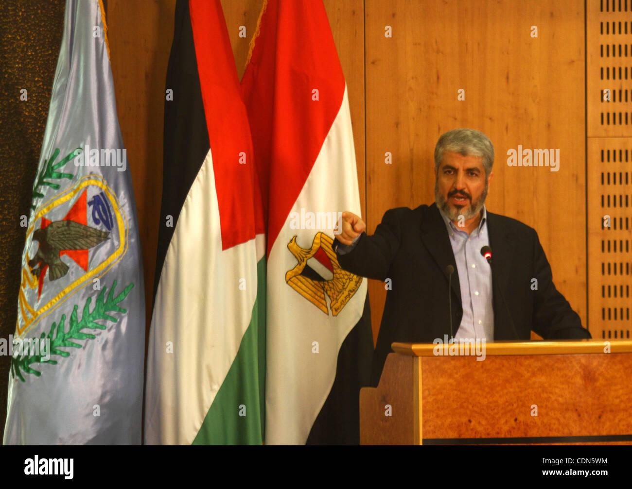 Senior Hamas leader Khaled Mashaal delivers speech during the signing ...