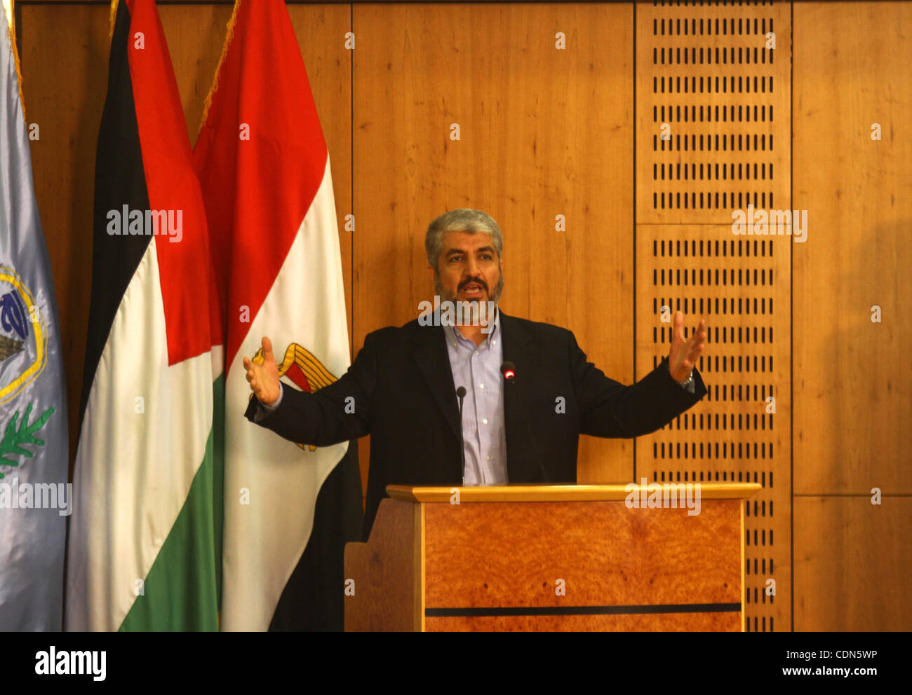 Senior Hamas leader Khaled Mashaal delivers speech during the signing ...