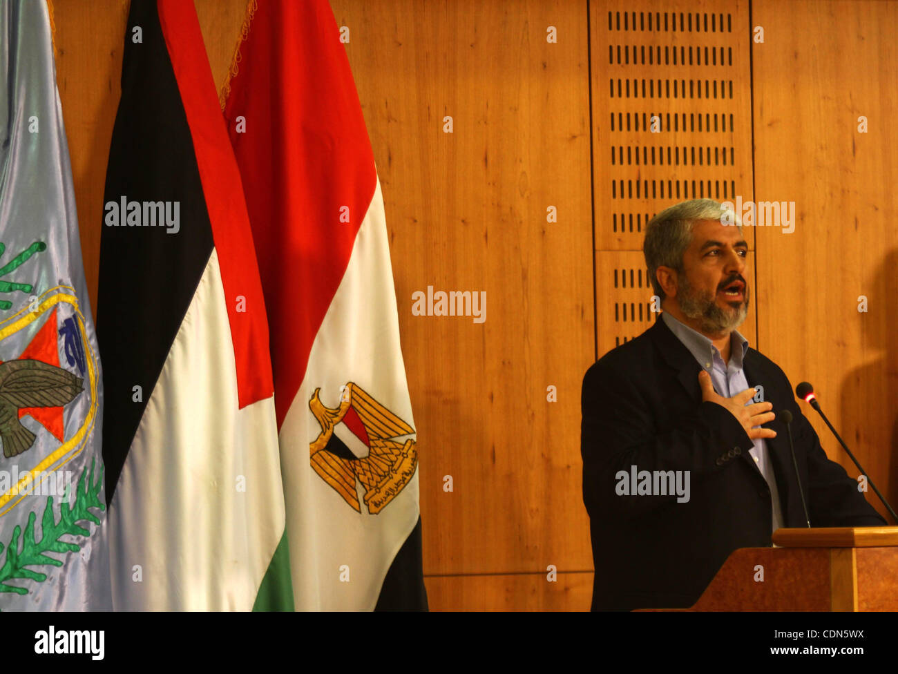 Senior Hamas leader Khaled Mashaal delivers speech during the signing ...