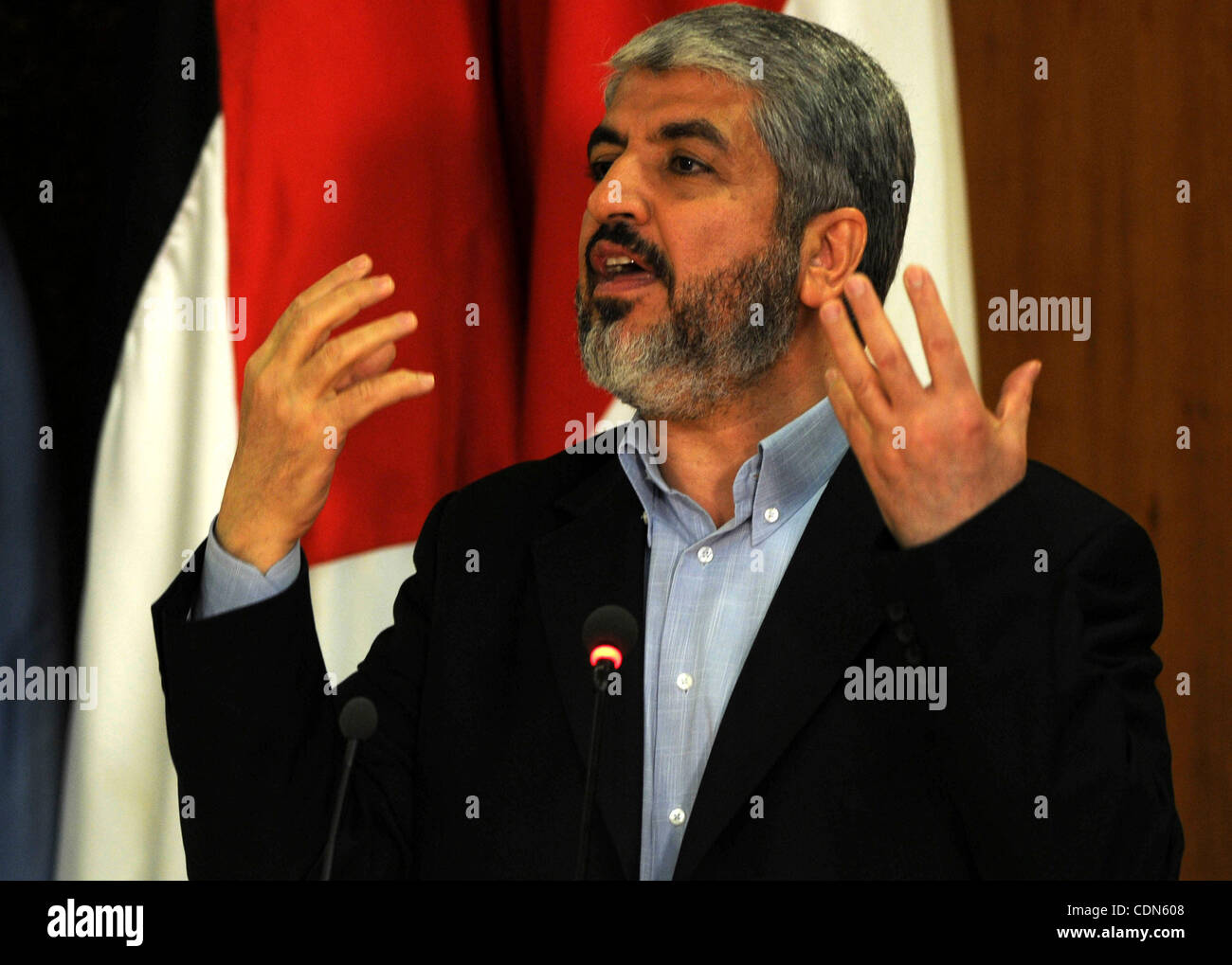 Senior Hamas leader Khaled Mashaal delivers speech during the signing ...