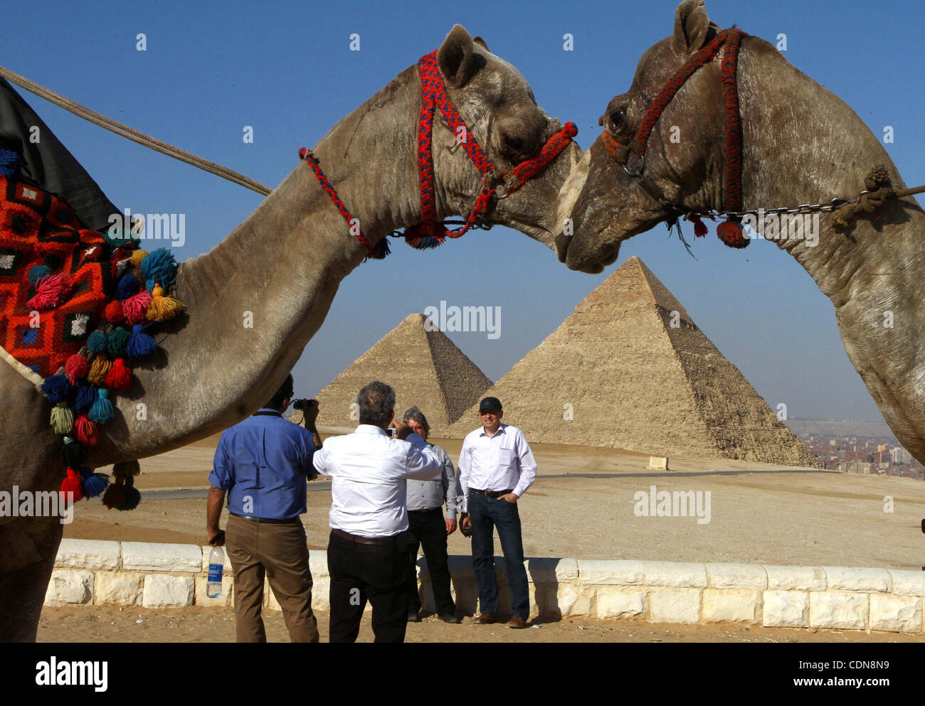 Foreign tourists visits the Giza Pyramids at the outskirts of Cairo ...