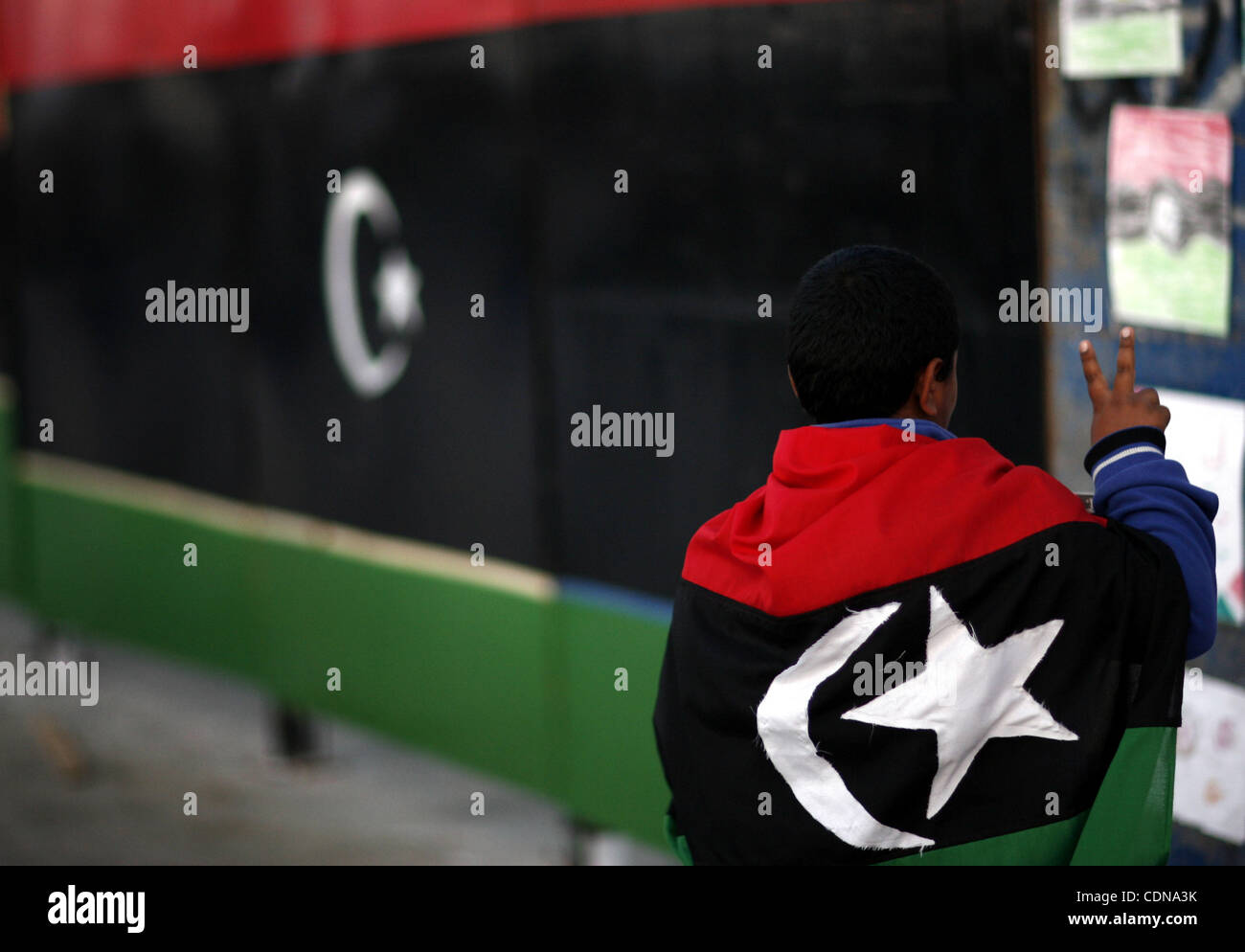 A Libyan youth wears Libya's former flag at a market in the eastern ...