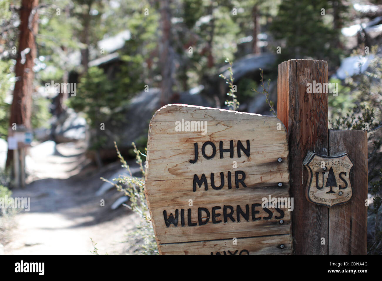 A sign marks the famed John Muir Trail up Mount Whitney which is the ...