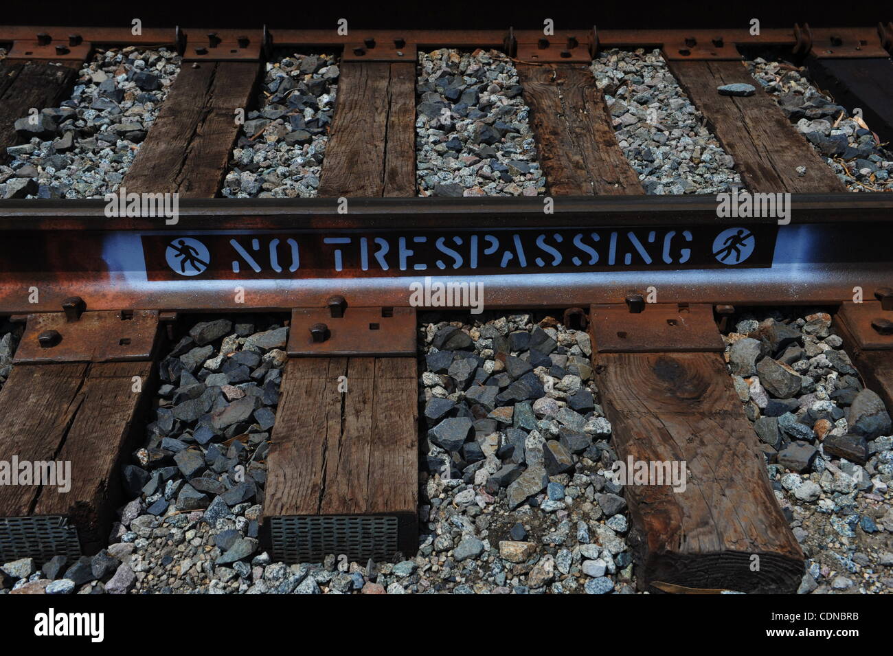 A no trespassing sign on the railroad train tracks high above Gaviota ...