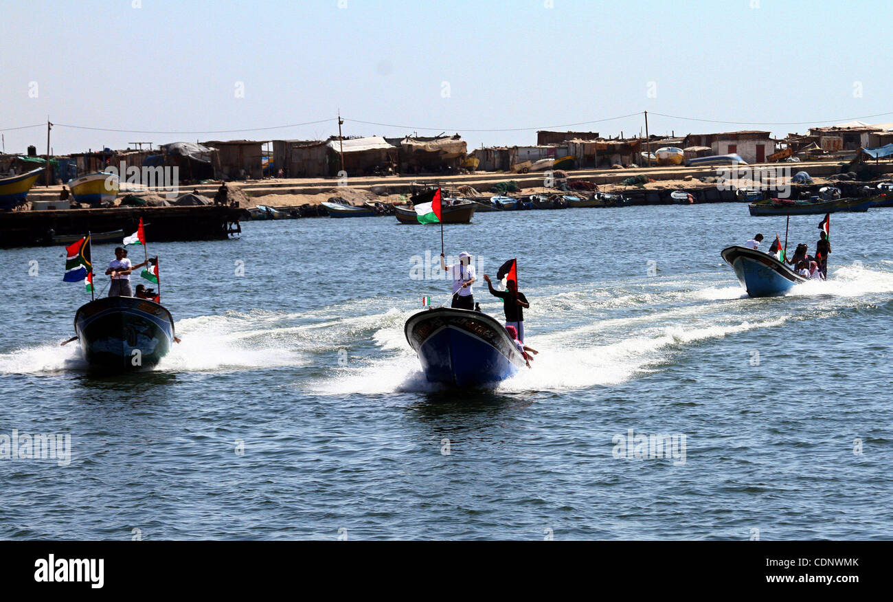 Palestinians ride on boats at the port of Gaza City during a rally in ...