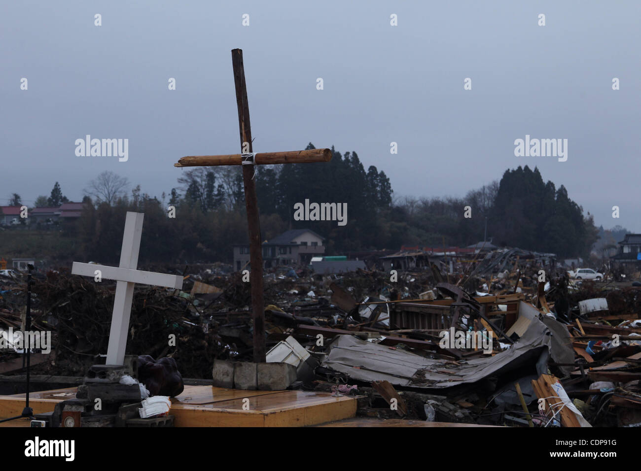 May 4, 2011 - Kesennuma, Miyagi, Japan - A cross stands at the ...