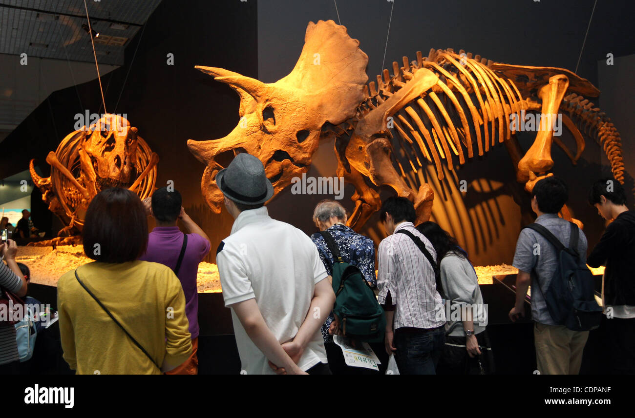 July 2, 2011 - Tokyo, Japan - Visitors look at A Tyrannosaurus rex (L ...