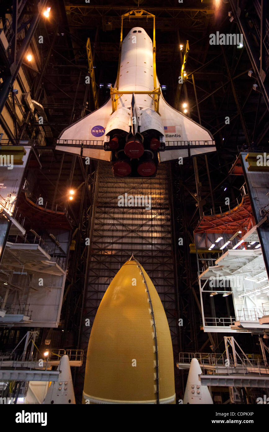 Cape Canaveral, Florida US - The space shuttle Atlantis hangs above the ...
