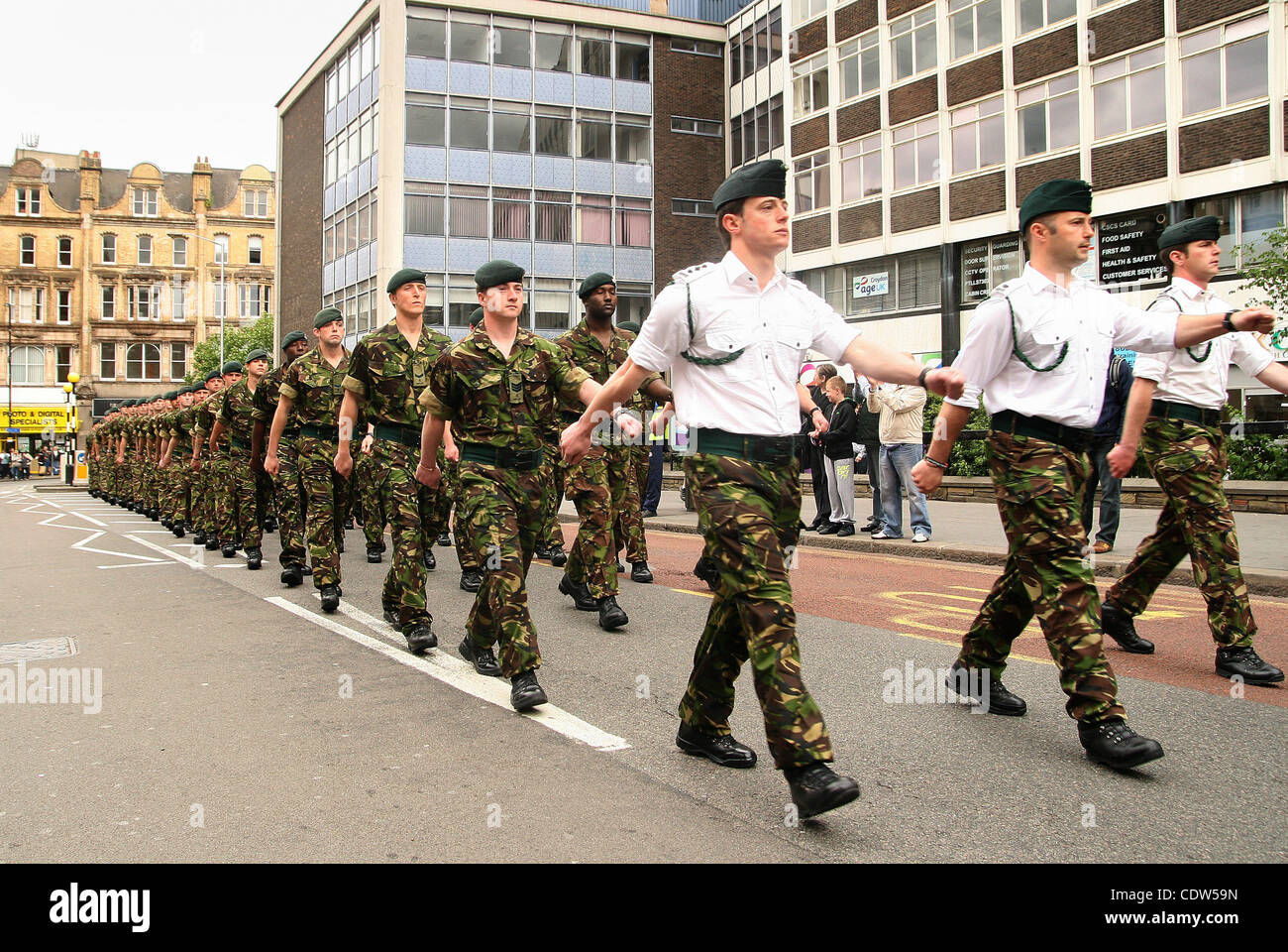The 2nd Battallion of the Rifles march through the streets of Croydon ...