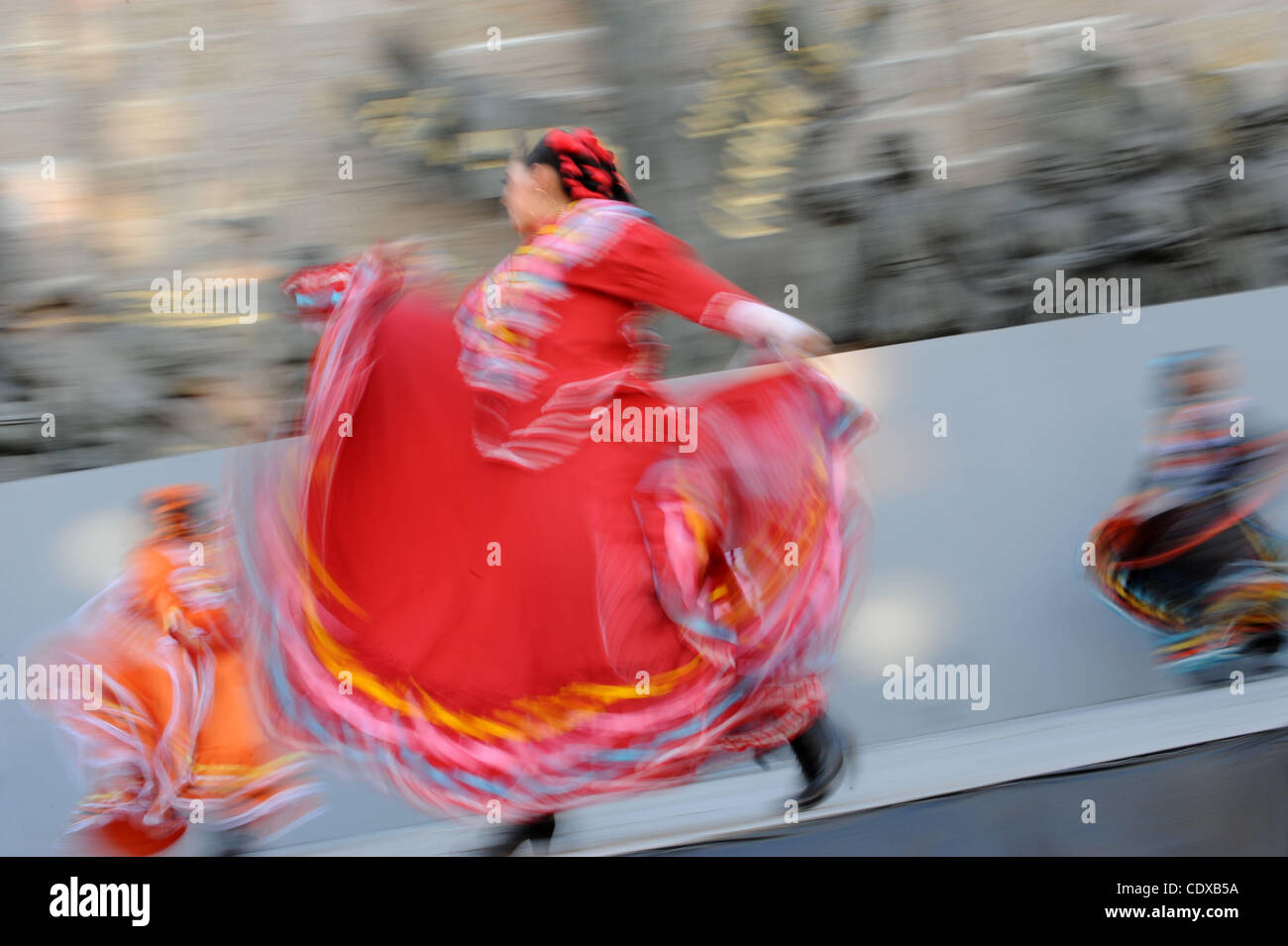 Ballet folklorico dancers perform onstage at Plaza Fundadores in ...