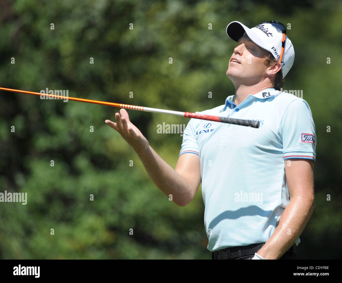 Sept. 24, 2011 - Atlanta, GA, U.S. - Nick Watney reacts to tee shot on ...
