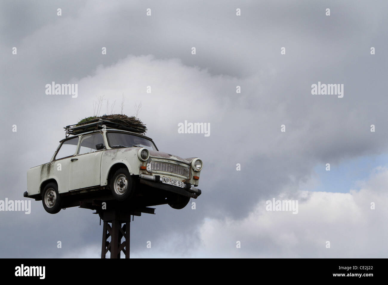 An old east german Trabant (Trabi) car is used as a stork nest near ...