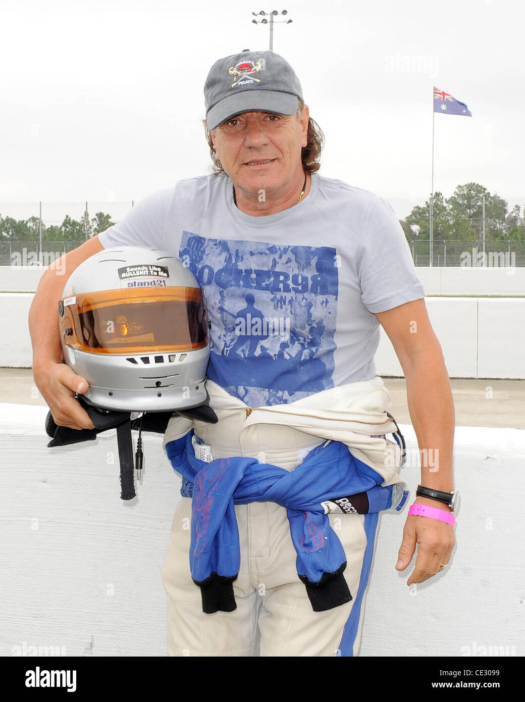 Brian Johnson of the band AC/DC competes in the Palm Beach Grand Prix ...