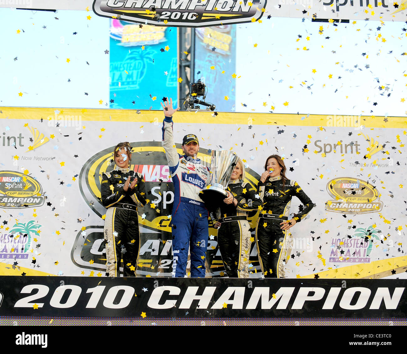 Jimmie Johnson celebrates his fifth consecutive win of the Ford 400 ...