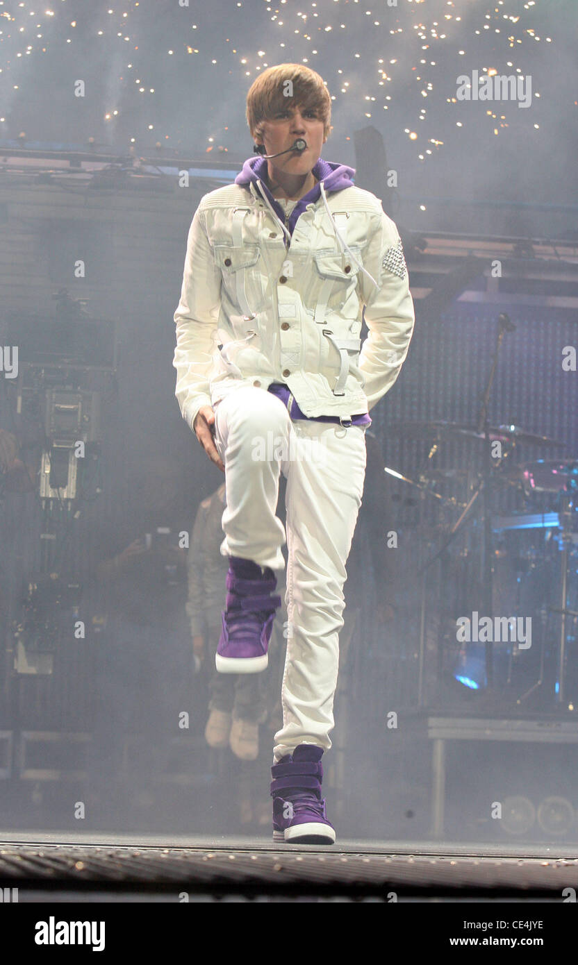 Singer Justin Bieber performs on stage during his 'My World Tour' show ...