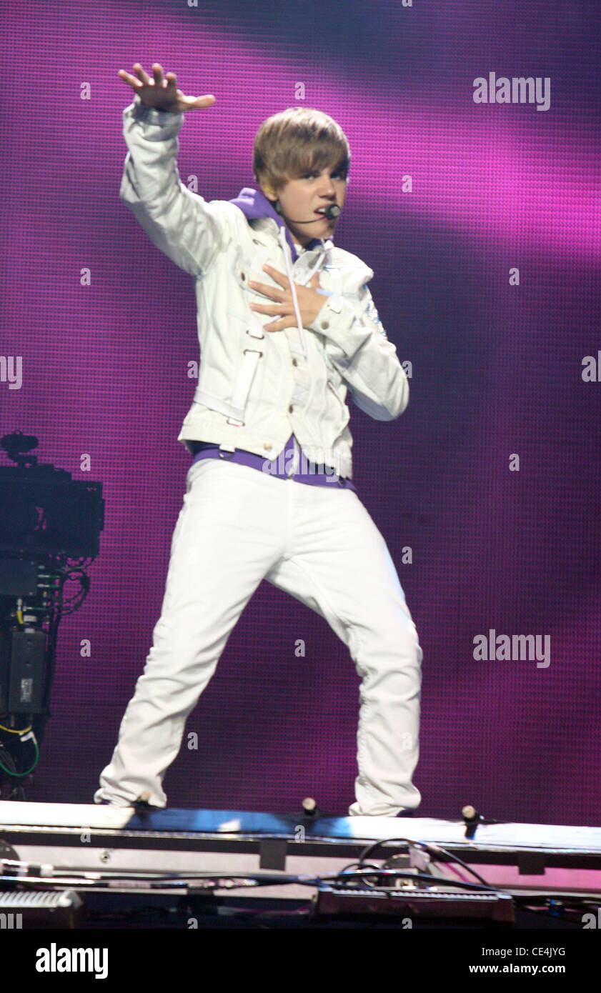 Singer Justin Bieber performs on stage during his 'My World Tour' show ...