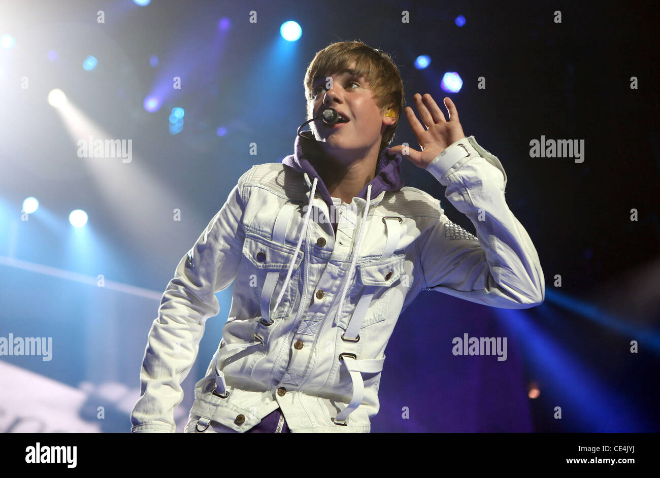 Singer Justin Bieber performs on stage during his 'My World Tour' show ...