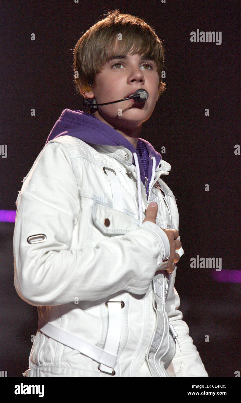 Singer Justin Bieber performs on stage during his 'My World Tour' show ...