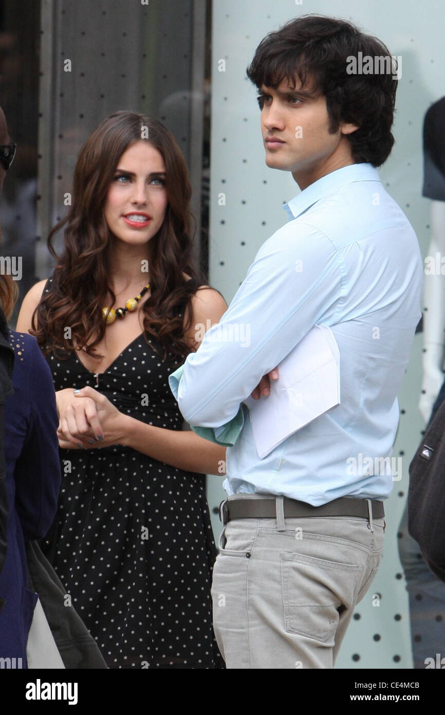 Jessica Lowndes and Michael Steger on the set of '90210' filming on location at Robertson ...