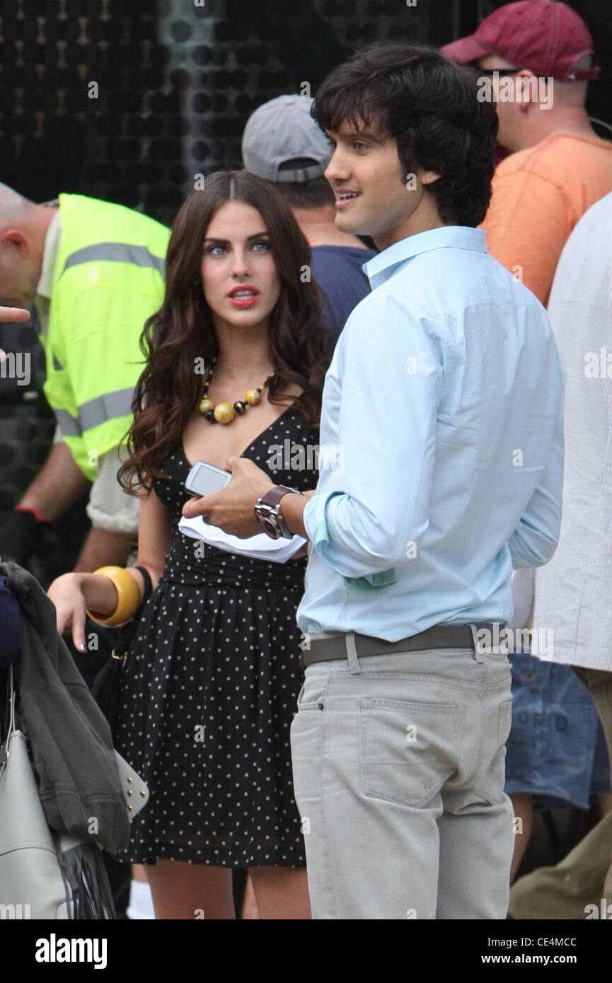 Jessica Lowndes and Michael Steger on the set of '90210' filming on location at Robertson ...