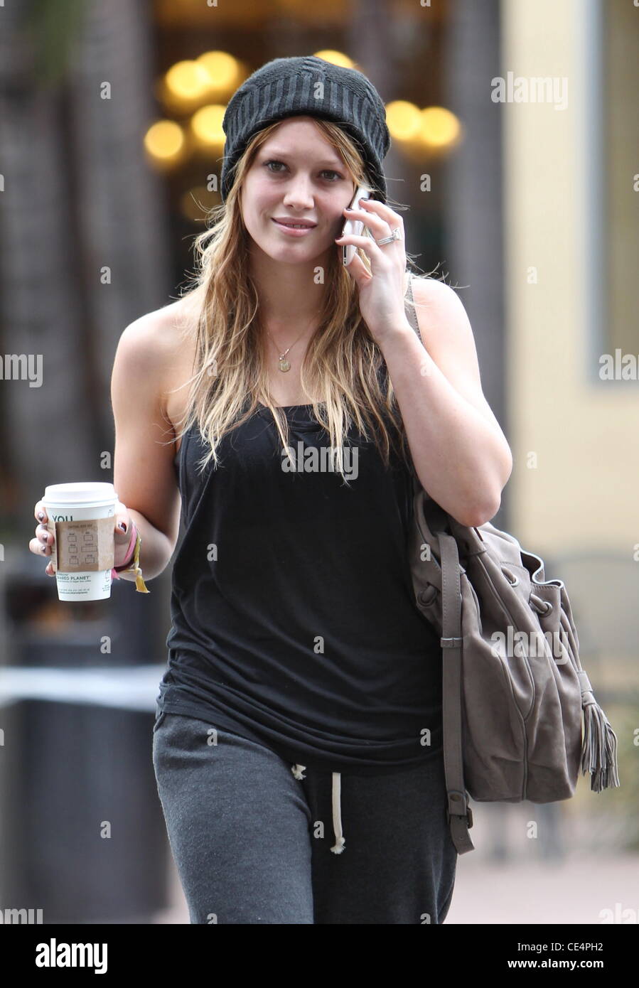 Hilary Duff stops at Starbucks after visiting her personal trainer's in West Hollywood. Duff is ...