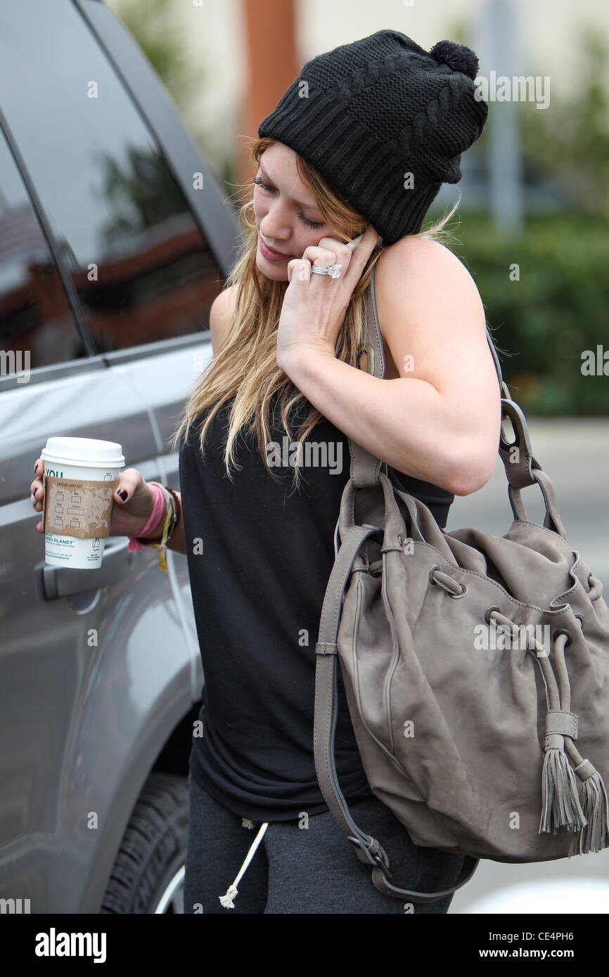 Hilary Duff stops at Starbucks after visiting her personal trainer's in West Hollywood. Duff is ...