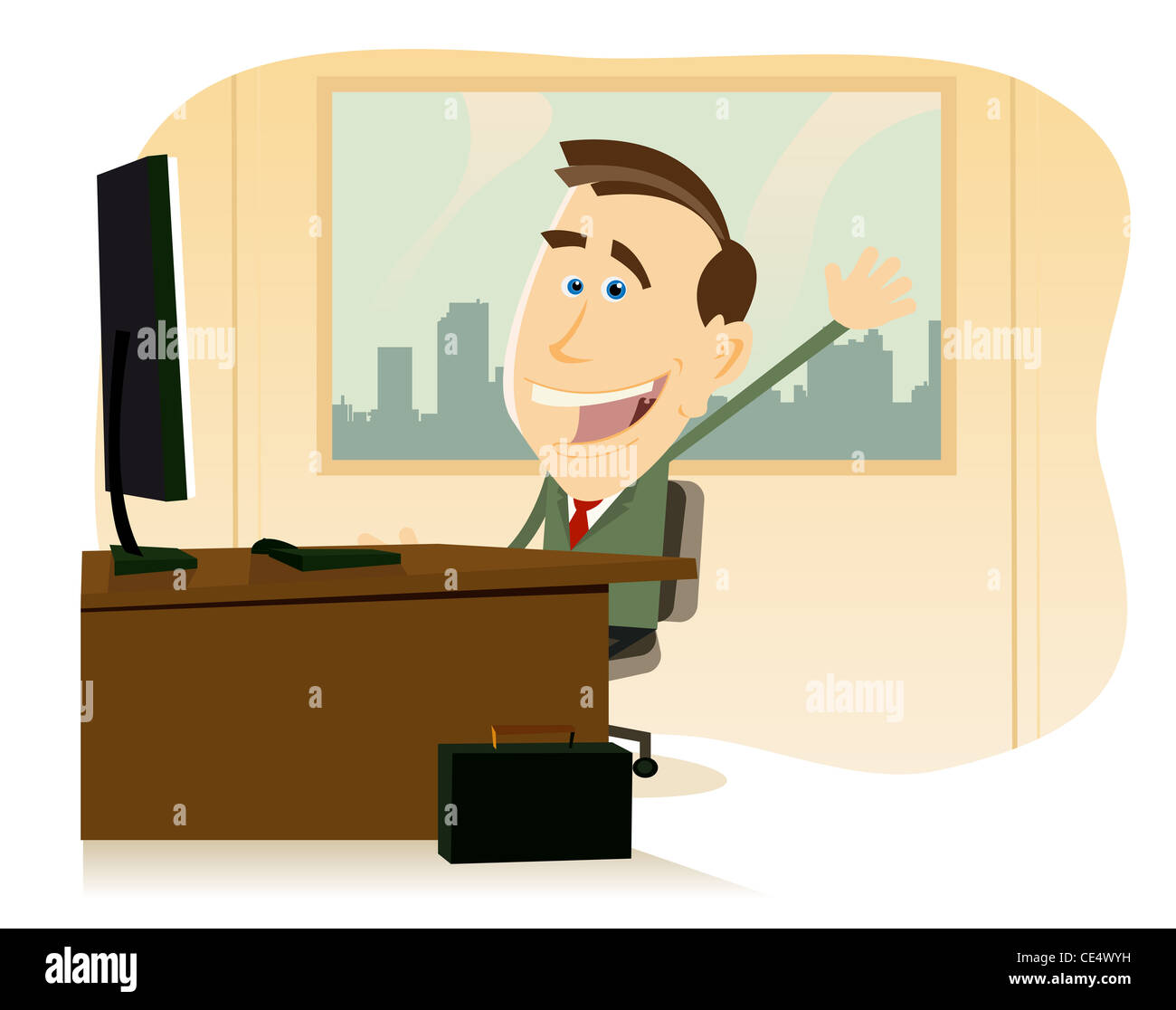Illustration of a happy cartoon businessman at his office, back to work ...
