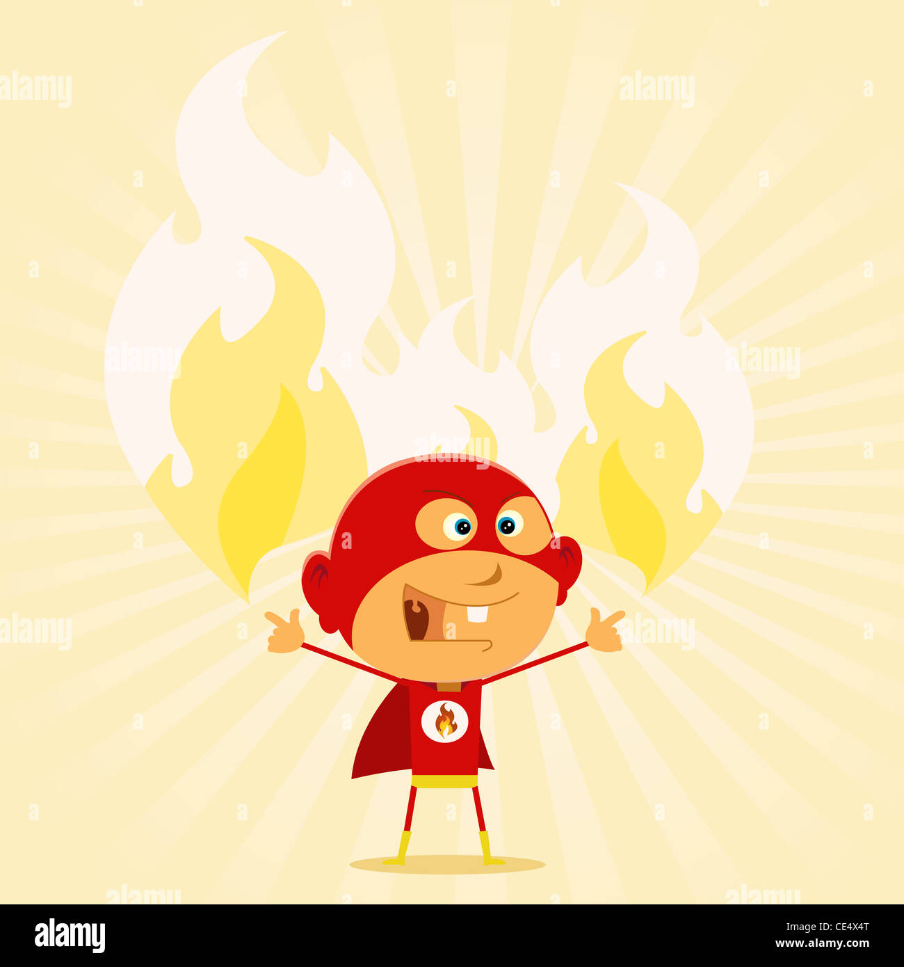 Illustration of a cartoon-like super hero kid showing his firing super ...