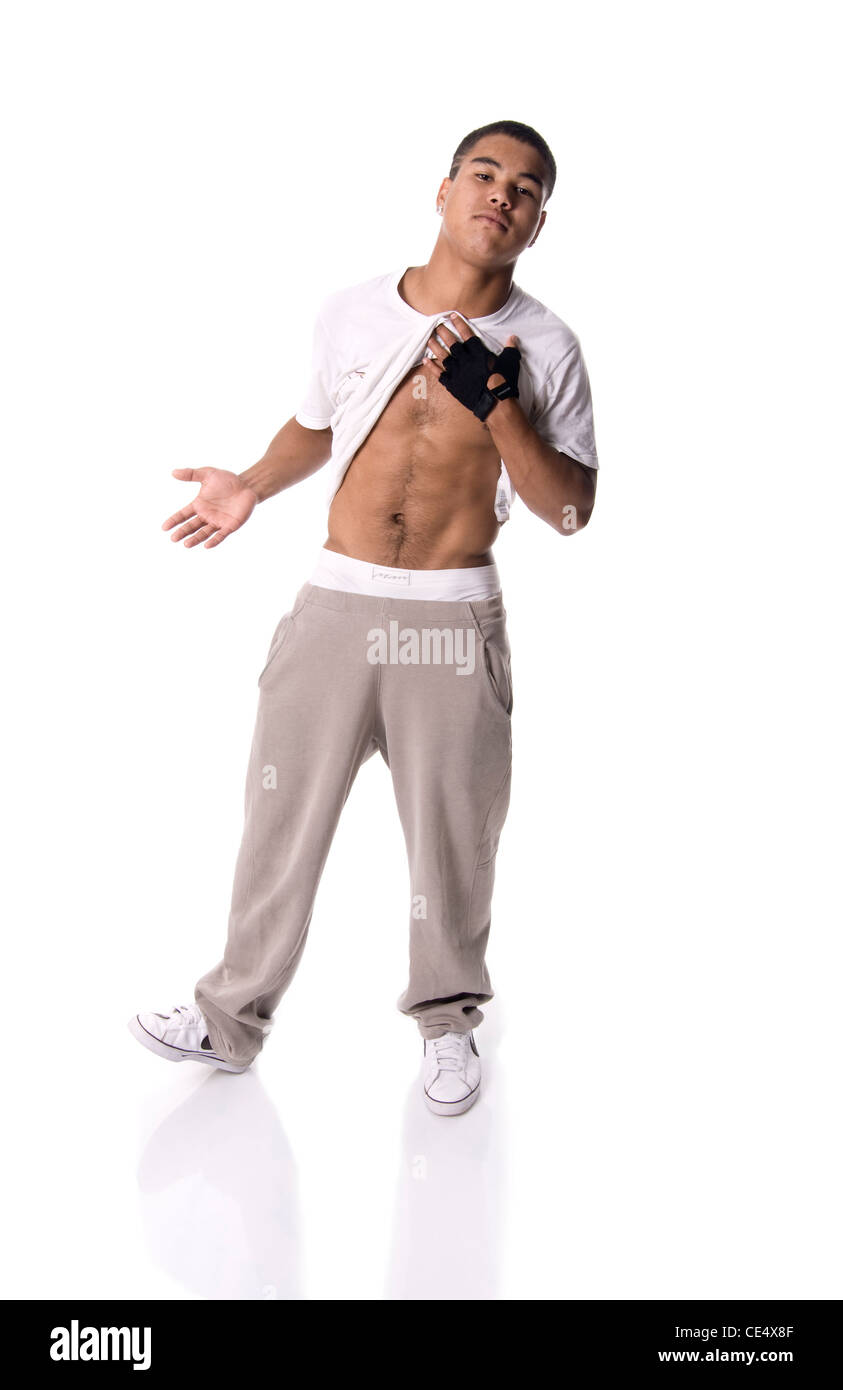 Contemporary dancer - breakdance instructor on white background Stock ...