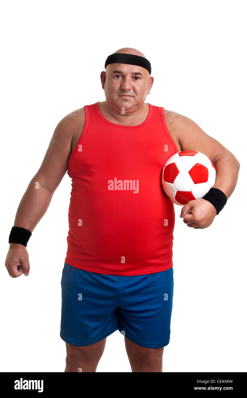 Large man with soccer ball isolated in white Stock Photo - Alamy