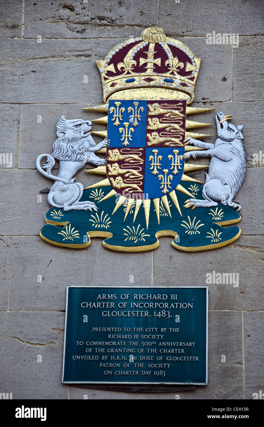King Richard III's coat of arms on a wall in the centre of Gloucester ...