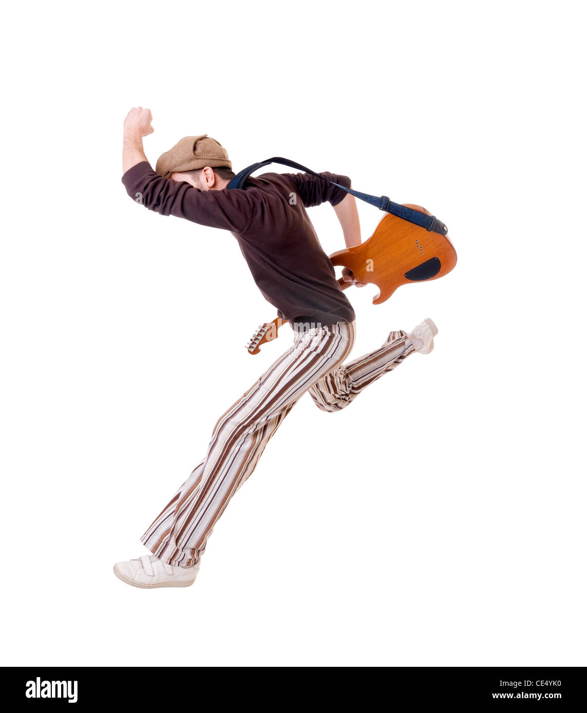 Cool guitarist jumping high isolated on white Stock Photo - Alamy