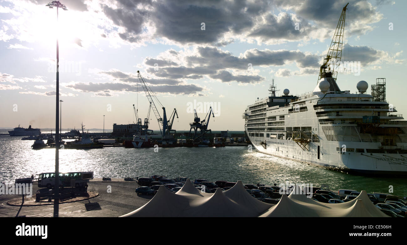overview of the port of Ancona, Italy ship sailing at sunset Stock ...
