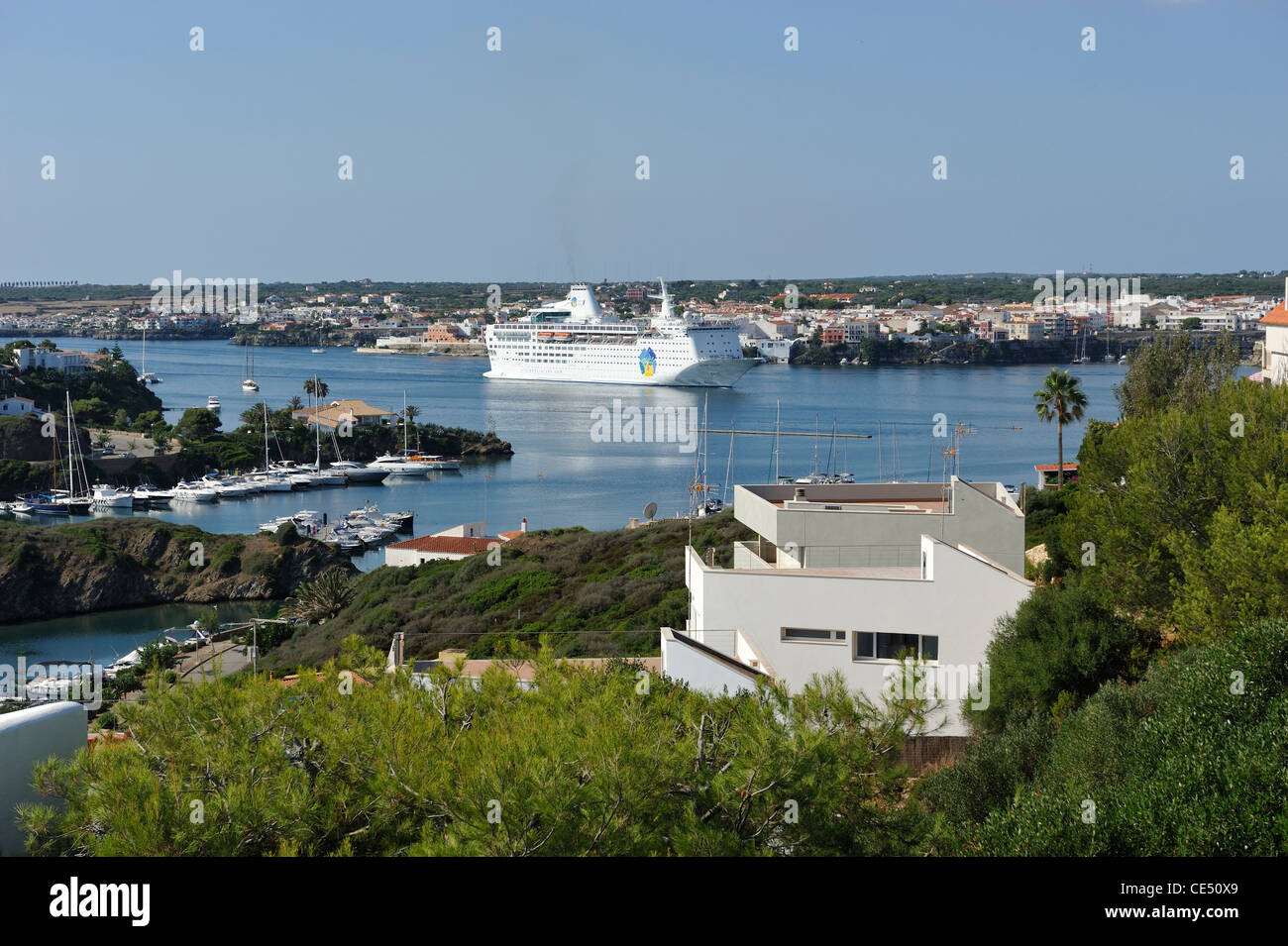 A Cruise liner passing Es Castell in Mao Mahon Harbour Menorca Spain ...
