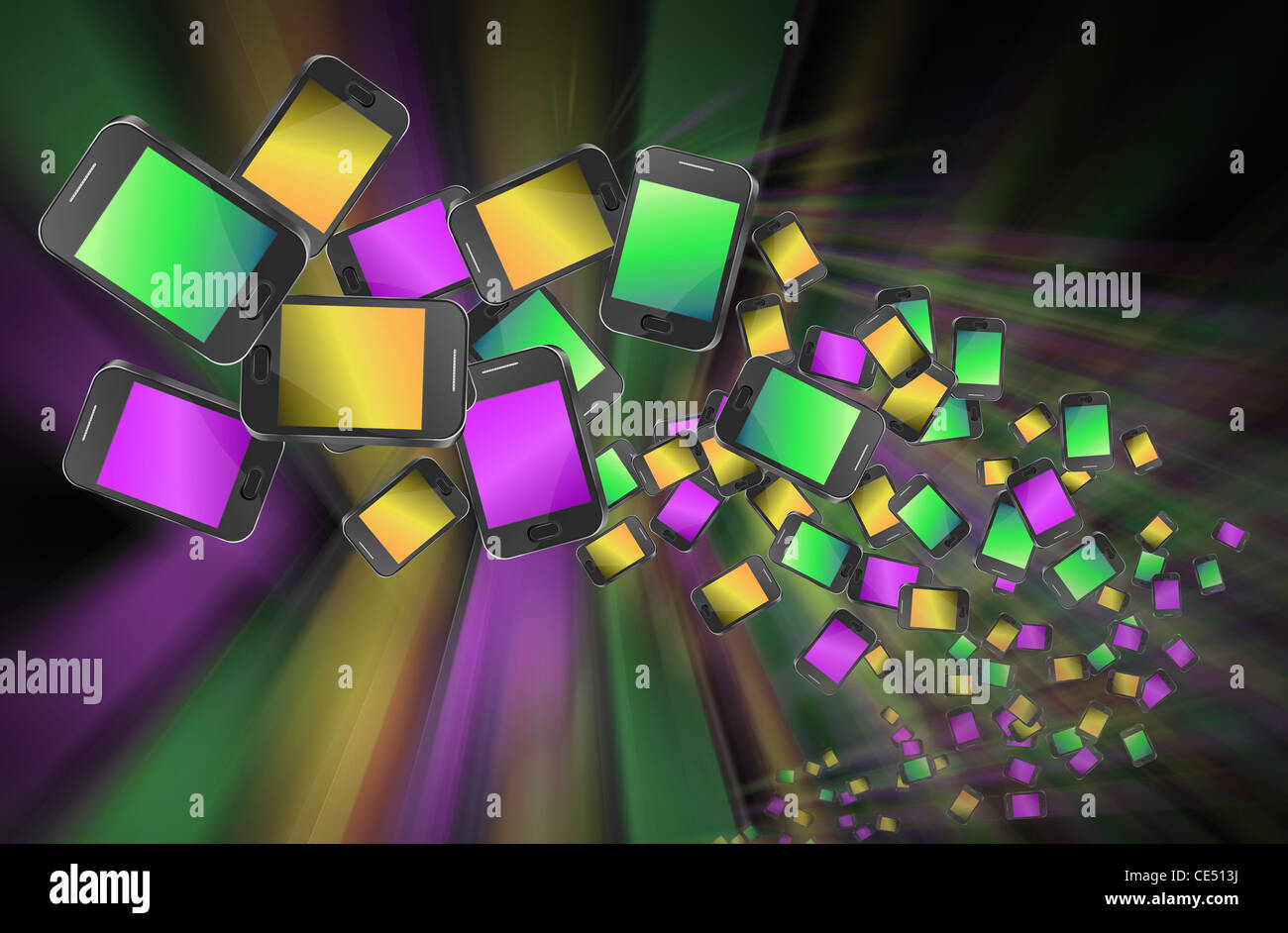 Illustration depicting many illuminated communication devices with ...