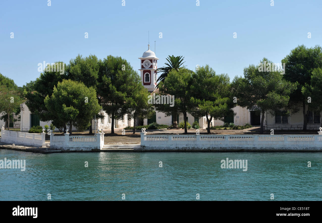 Clock tower on the former British Naval base Mao Mahon Harbour Menorca ...